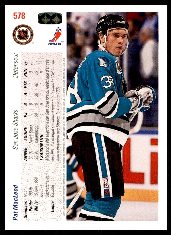 1991-92 Upper Deck French Pat MacLeod Rookie . San Jose Sharks #578 | eBay