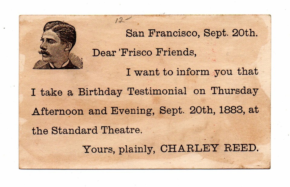 SAN FRANCISCO, CA ~ CHARLEY REED COMEDIAN, 1883 THEATER PERFORMANCE ...