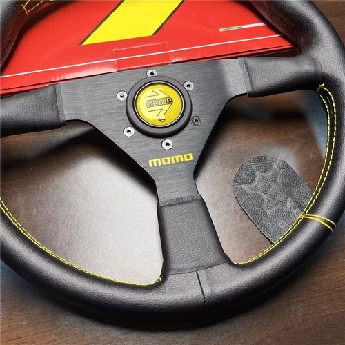 MOMO Veloce Racing V1 350mm Steering Wheel Leather JDM Yellow Button ...