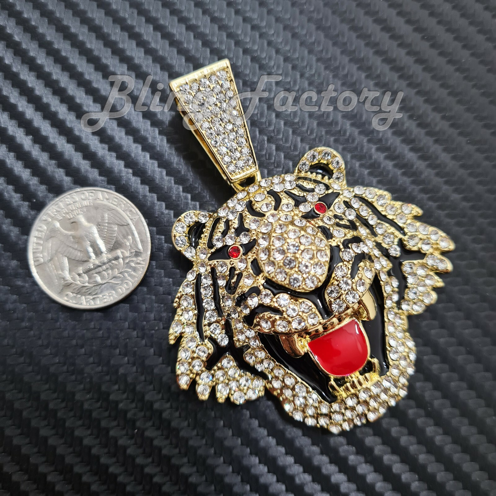 Gold PT Large Tiger Pendant & 12mm 16" ~ 30" Iced Box Lock Cuban Chain ...