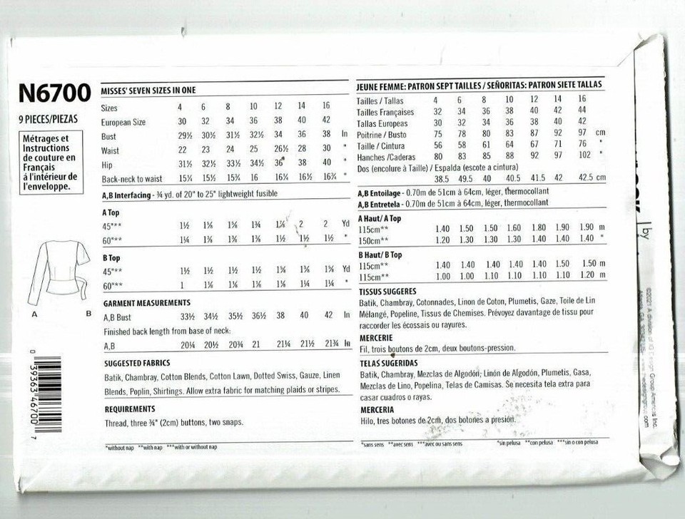 New Look #N6700 Wrap Top with sleeve & Front variations Patterns Sz: 4 ...