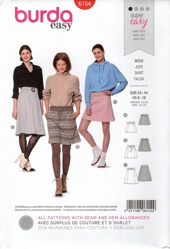 Burda 6154 Flared Panel Skirt w Stretch Waistband & Pockets Sz 8-18 ...