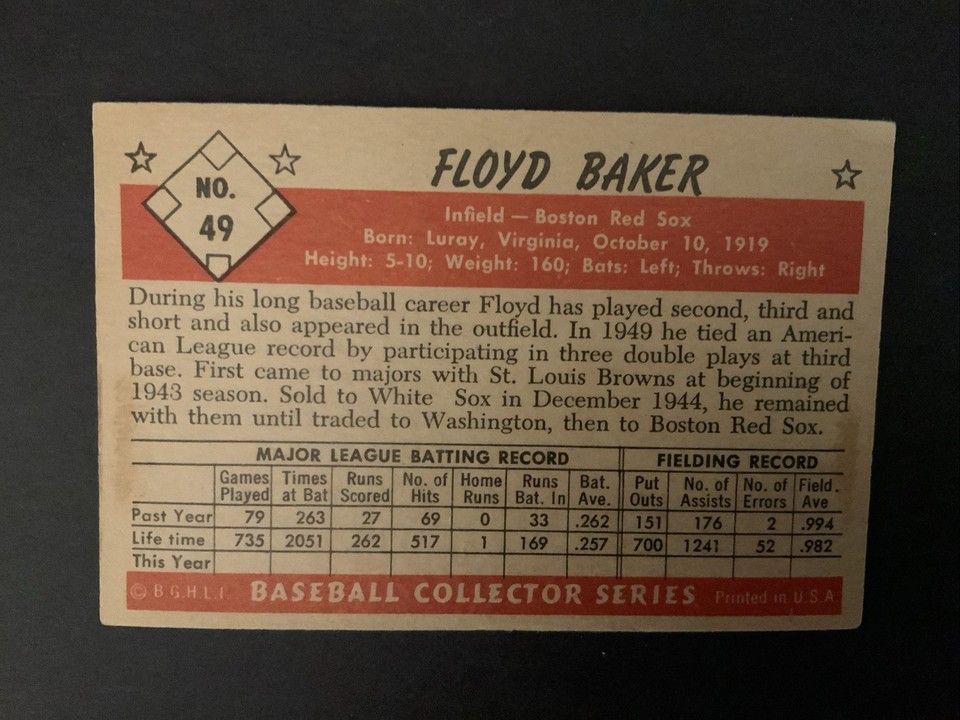 1953 BOWMAN BASEBALL BLACK & WHITE SET BREAK-UP #49 FLOYD BAKER NM-MT ...