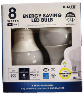 K Lite LED Bulbs 8W (60W Eq) Dimmable Warm White Light Energy Saving 2 ...