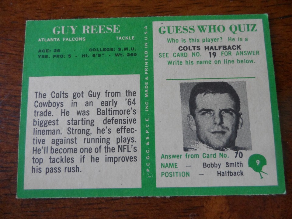 1966 PHILADELPHIA FOOTBALL #9 GUY REESE ATLANTA FALCONS VG/EX-EX A-434 ...