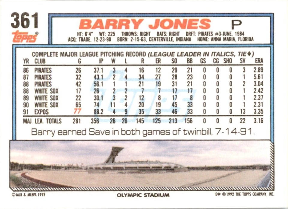 1992 Topps Barry Jones Montreal Expos #361 Baseball Card | eBay