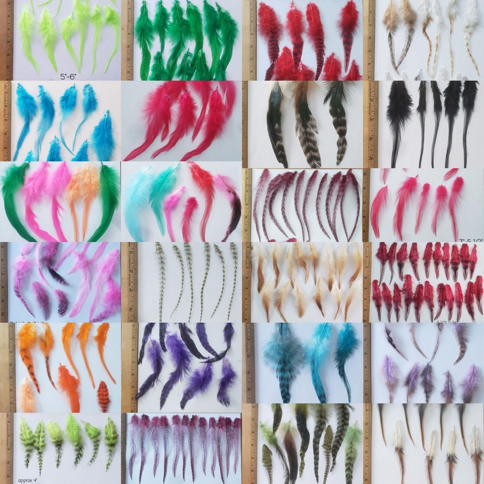 5 dyed neon green striped Rooster feathers 4" hair extensions crafting ...