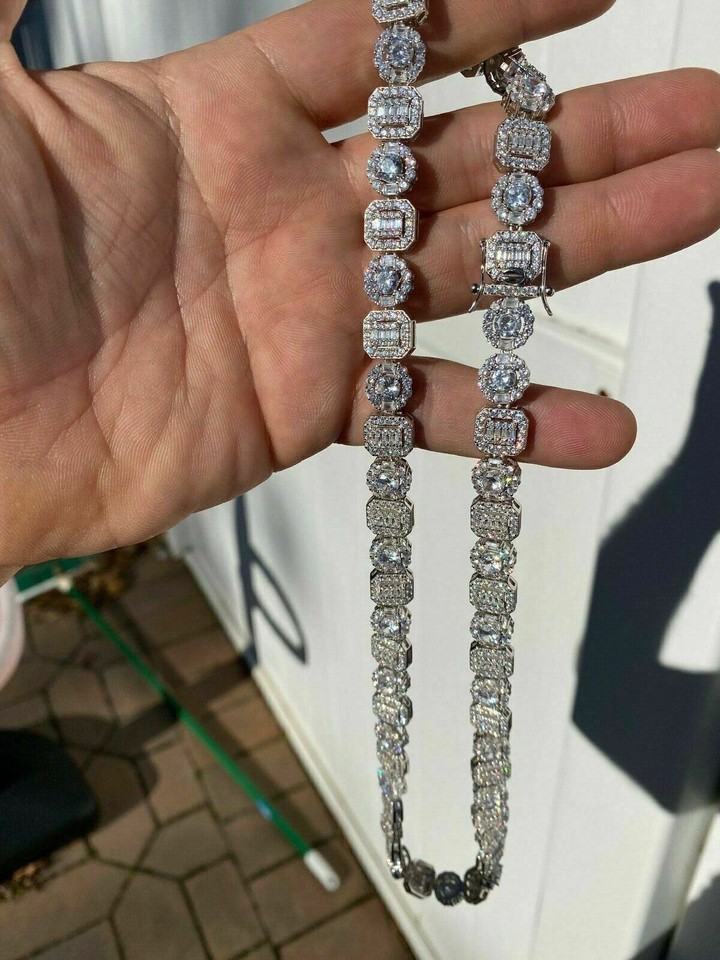 Men's Real Baguette Tennis Chain Real Solid 925 Silver Iced Fully ...