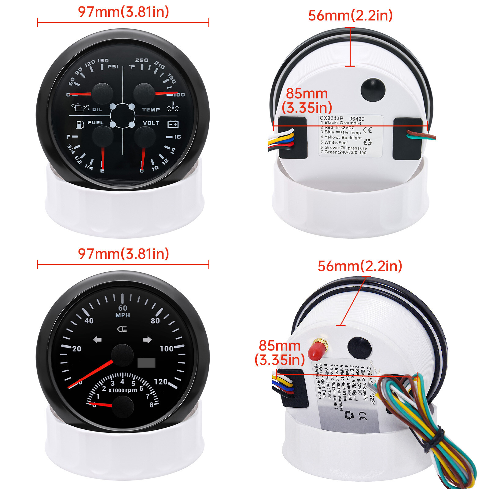 2 Gauge Set 85mm GPS Speedometer 120MPH w/tacho&85mm Fuel Oil Temp Volt ...