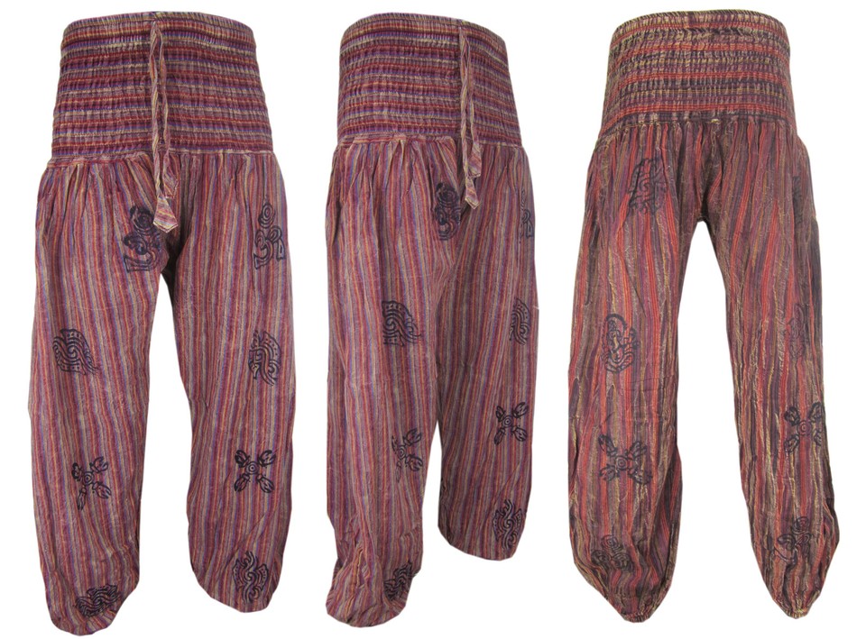 Hippie Boho Retro Gipsy Colorful Stonewashed Stamped Symbols Genie Pant ...
