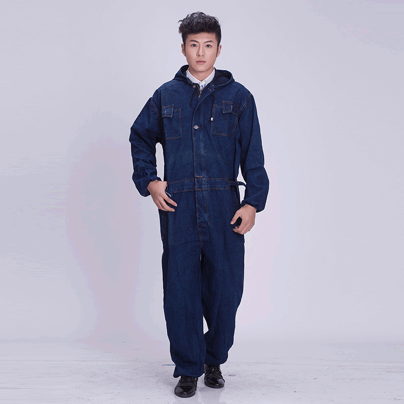 Men Denim Hooded Jumpsuit Welding Overalls Auto Repair Coverallls ...