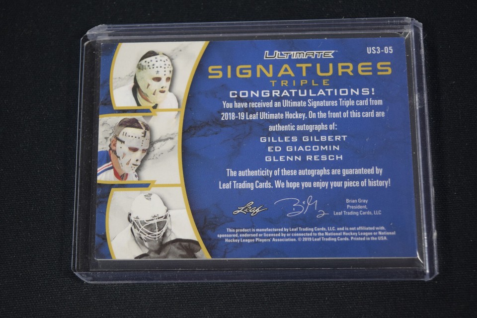 Ed Giacomin Gilbert Resch 2018-19 Leaf Ultimate Triple Signatures Green ...