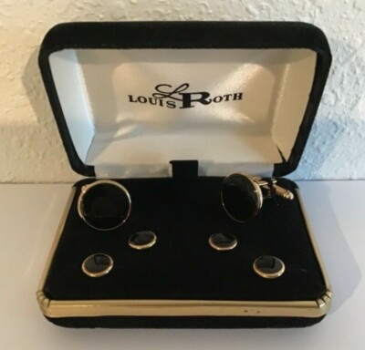Vtg Louis Roth Gold Tone Black Cuff Links Button Studs in Original Box ...