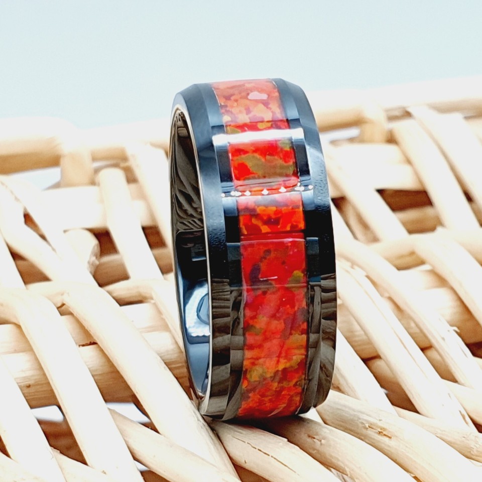 Black Tungsten Red Fire Opal Inlay Wedding Band Men's Opal Tungsten ...