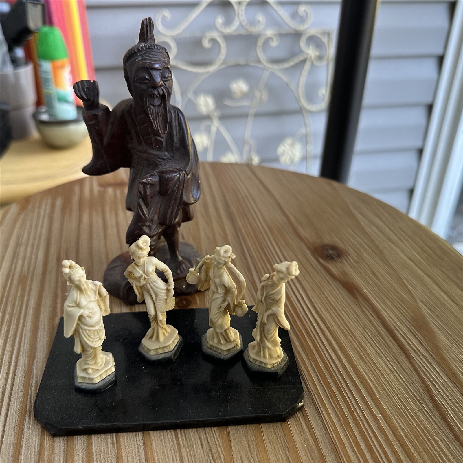 Vintage Asian Figurines Lot of 5 Large Wood Carved and 4 Small Plastic ...