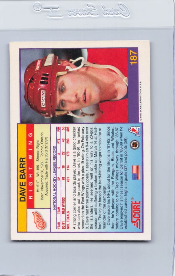 1991/92 Score #187 Dave Barr Red Wings Signed Auto *J7036 | eBay