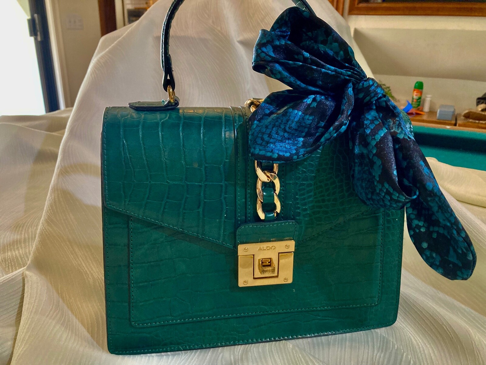 "ALDO" Designer Forest Green Satchel with Gold Trim and Scarf | eBay