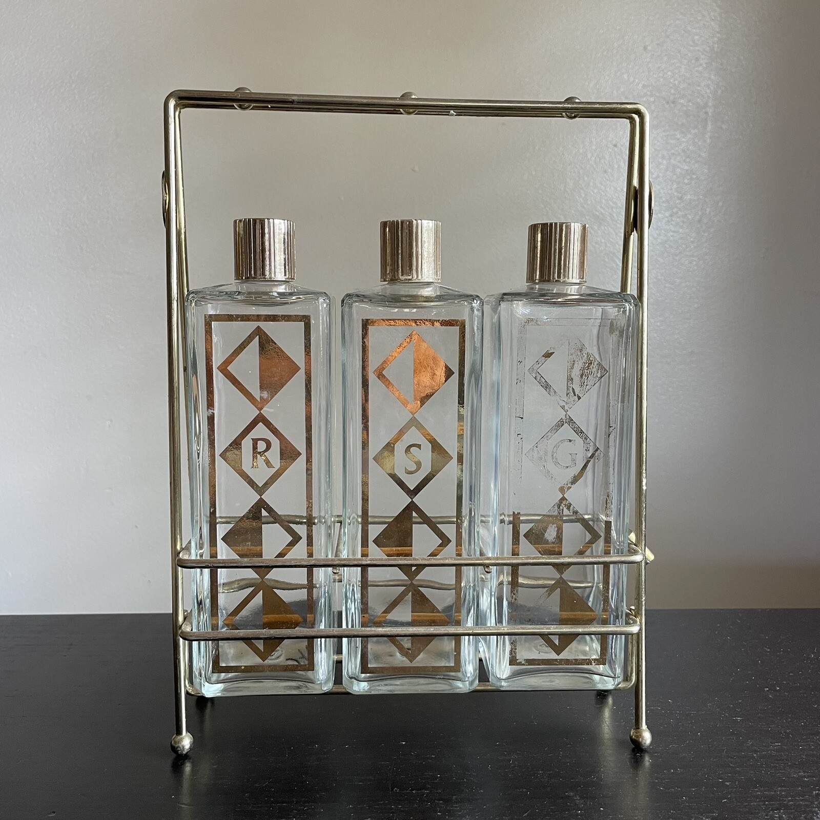 VTG MID CENTURY MODERN COCKTAIL BAR SET TANTALUS 3 LIQUOR DECANTERS w ...