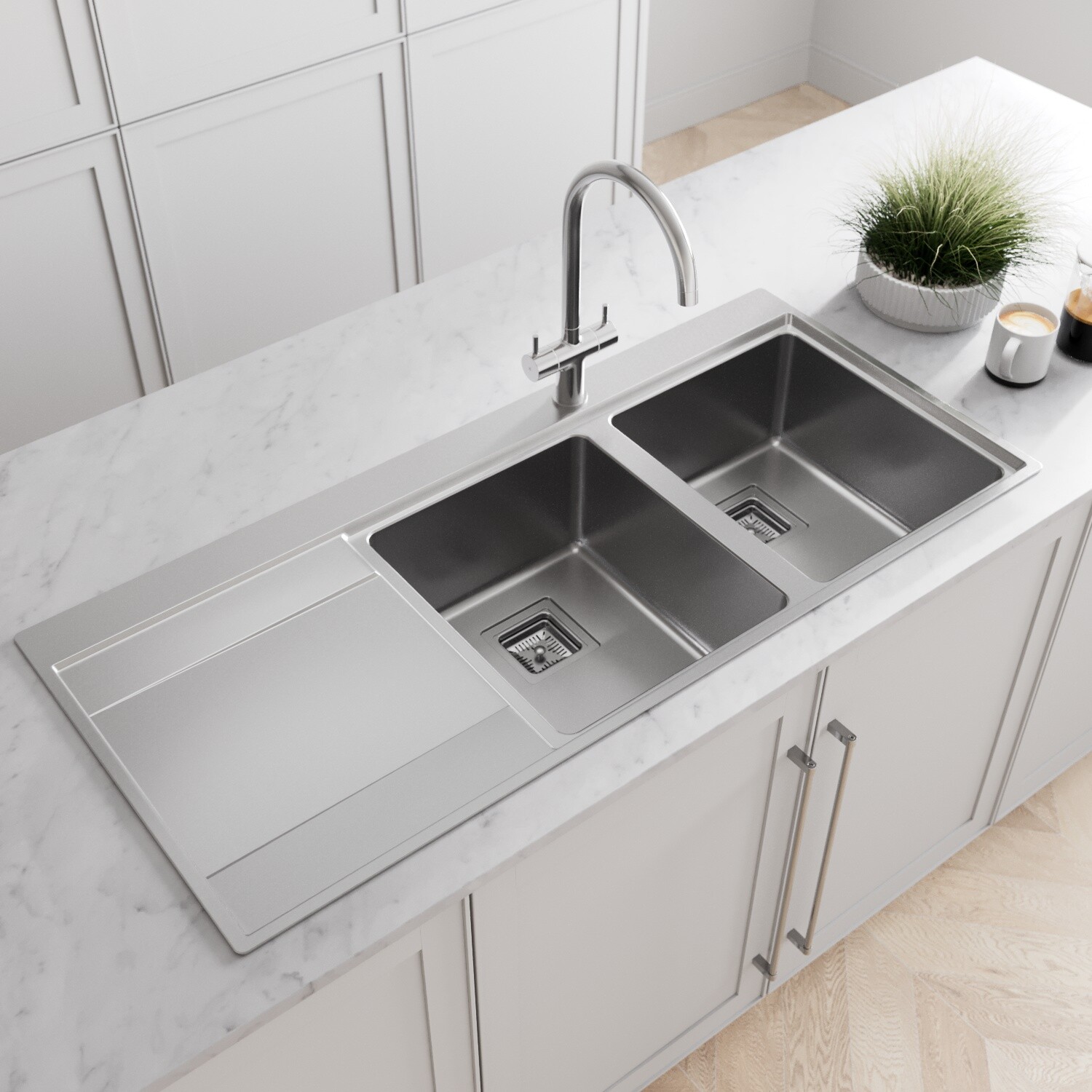 Kitchen Sink 2 Bowl Square Inset Stainless Steel Left Hand LH Drainer ...
