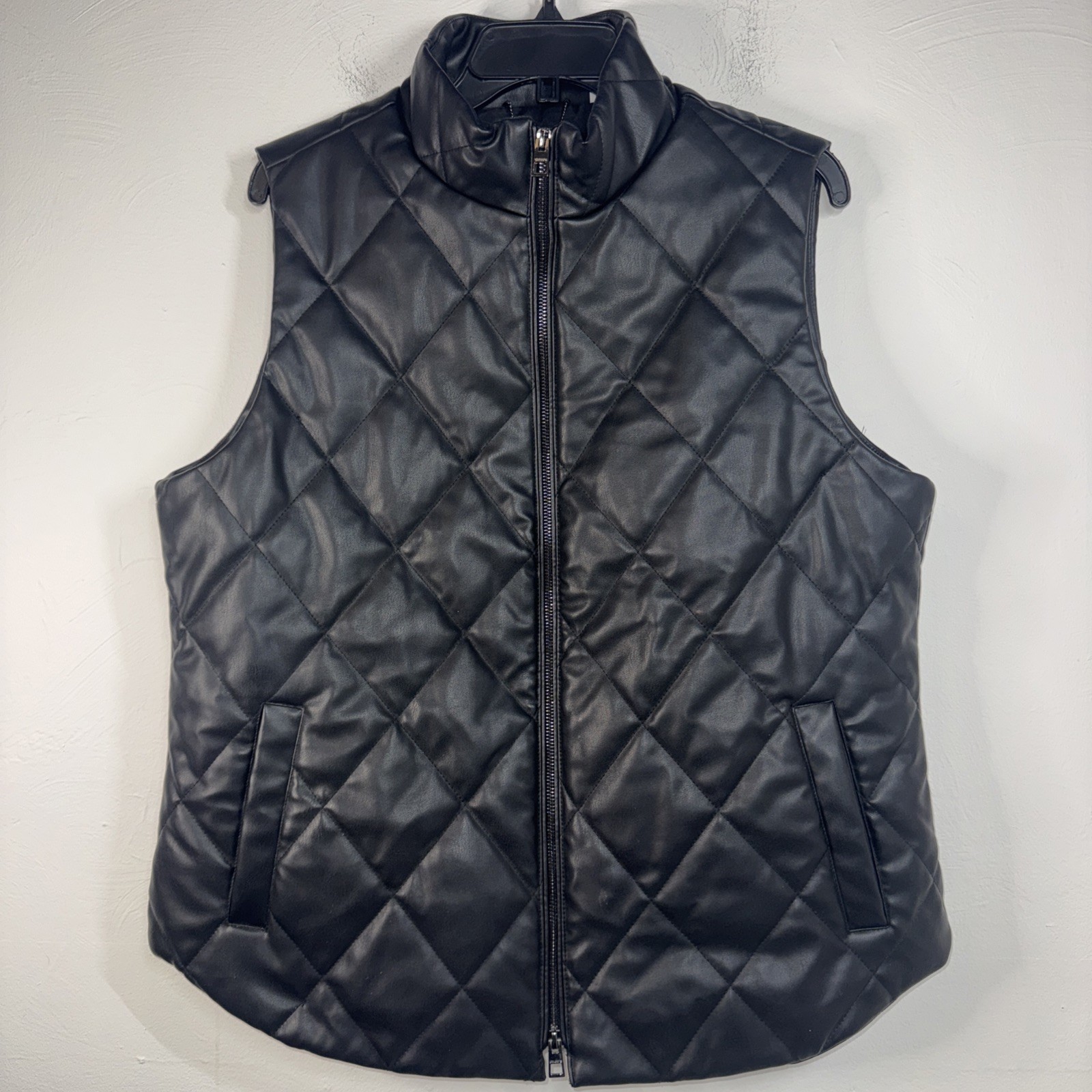 Chico's Women's Quilted Puffer Vest Size 12/14, Black Faux Leather Zip ...
