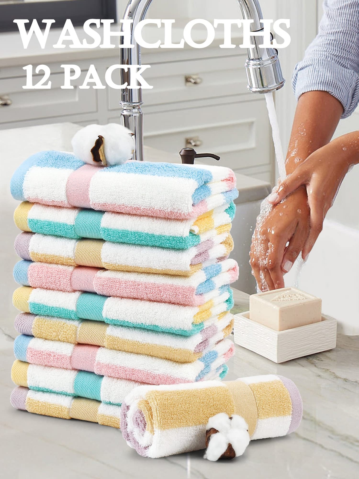 Cotton 12 Pack Striped Washcloths 13 x 13 Inches 3 Colors - Face and ...