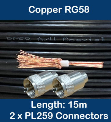 15m Copper Black RG58 50 Ohm Coaxial Cable 2 x PL259 UHF CB Radio Ham ...