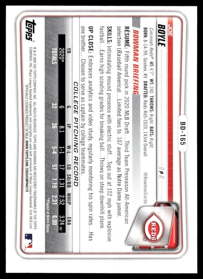 2020 1st Bowman Draft Joe Boyle Rookie Cincinnati Reds #BD-165 | eBay