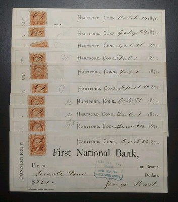 1871 USA LOT OF 10 OLD 1st NATIONAL BANK CHECKS REVENUE STAMPS HARTFORD ...