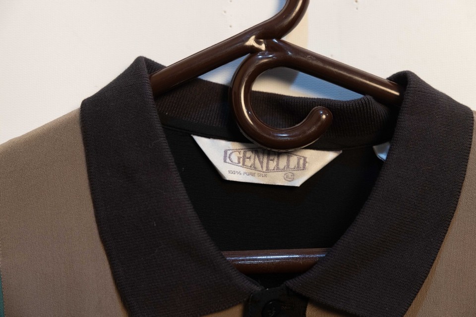 Genelli Vintage Shirt Men XLT 100% Silk Black Tan Aqua Button Up ...
