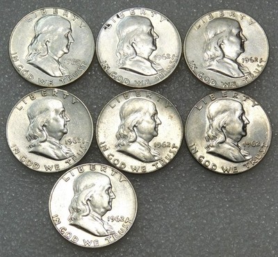 1962 & 1962-D Franklin Silver Half Dollar Bright Luster lot of 7 coins ...