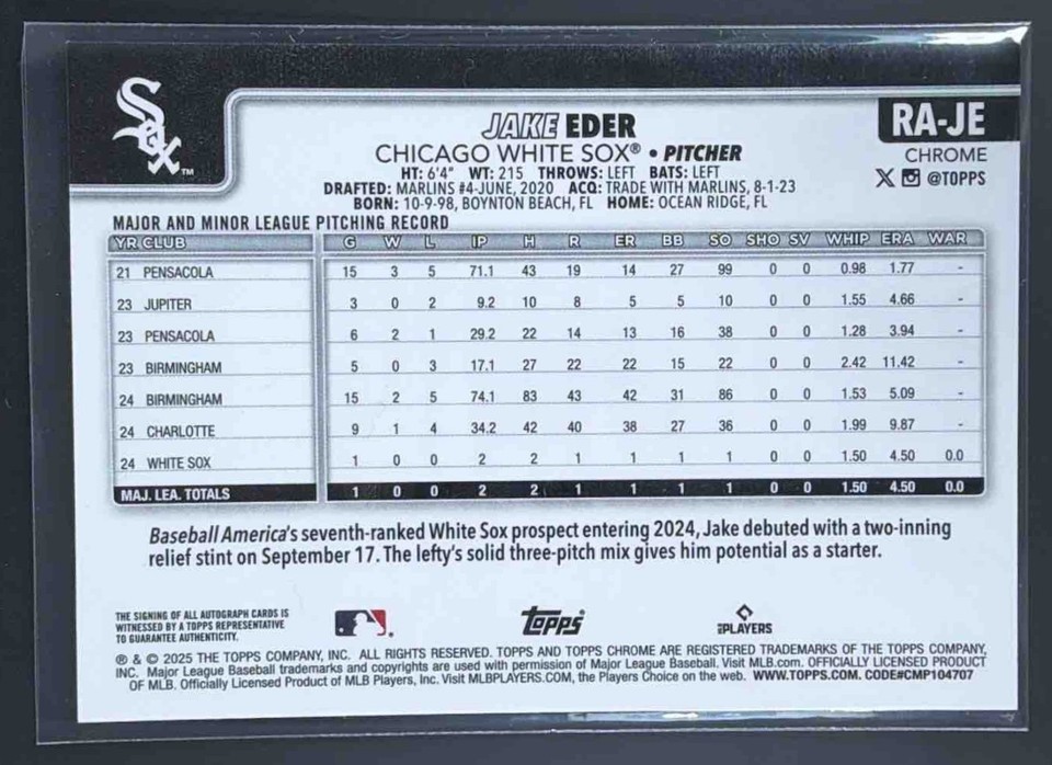 2025 Topps Chrome Jake Eder #RA-JE Rookie Auto RC White Sox | eBay