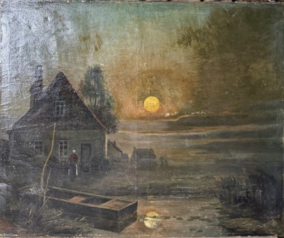 Antique Northern European Oil On Canvas Moonlit Marsh Scene Romantic ...