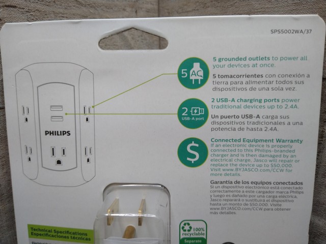 Philips 5-Outlet Extender with 2 USB Ports Surge Protector White for ...