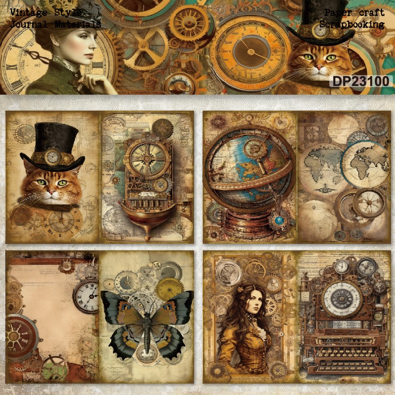 8 Sheets Retro Steampunk Style Paper Decor A5 Scrapbook Junk Journal ...