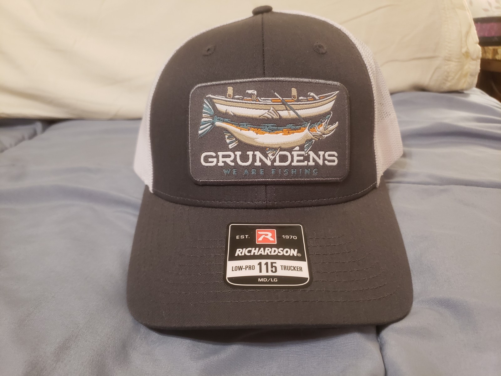 Grundens Fishing Mesh Richardson Low-Pro 115 Trucker Hat Gray And White ...