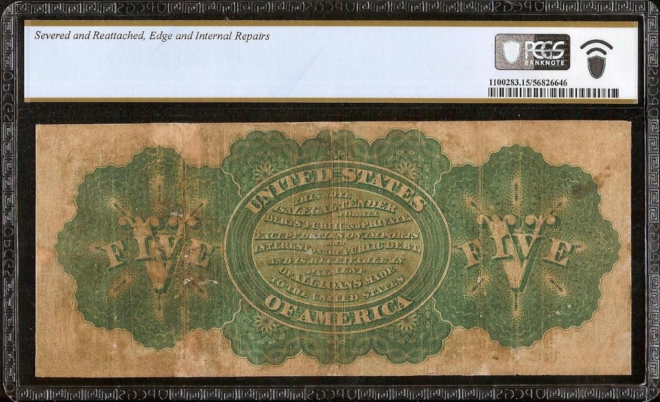 1863 $5 BILL UNITED STATES LEGAL TENDER GREENBACK LARGE US NOTE MONEY ...
