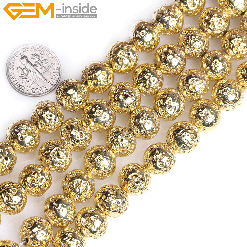 Golden Coated Round Lava Rock Volcanic Metal Bead Spacers For Jewelry ...