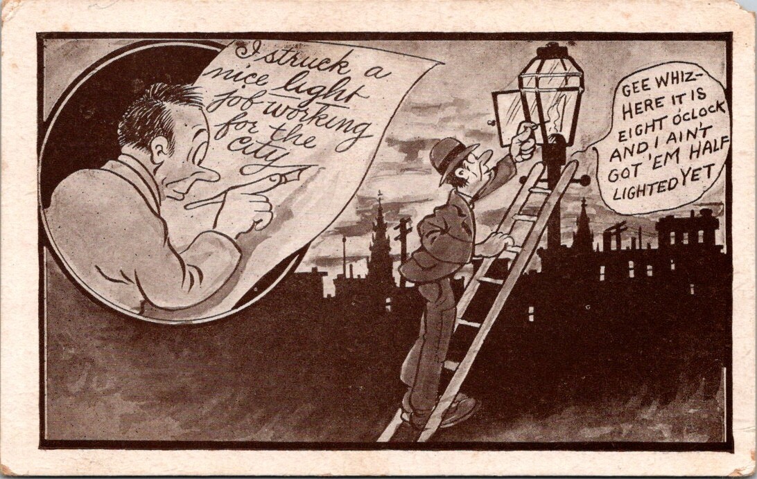 Nice Light Job With City Humor Lamplighter Ladder c1910s postcard GQ3 ...