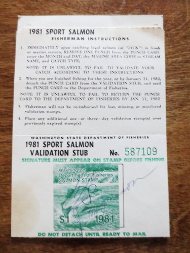 1981 Washington State Sport Salmon Fishing Permit Punch Card Stub Stamp ...