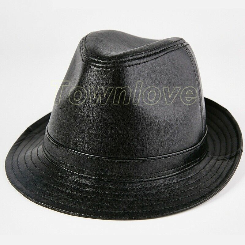 Classic Men Genuine Leather Trilby Hat Fedora Cap Wide Brim Vintage ...