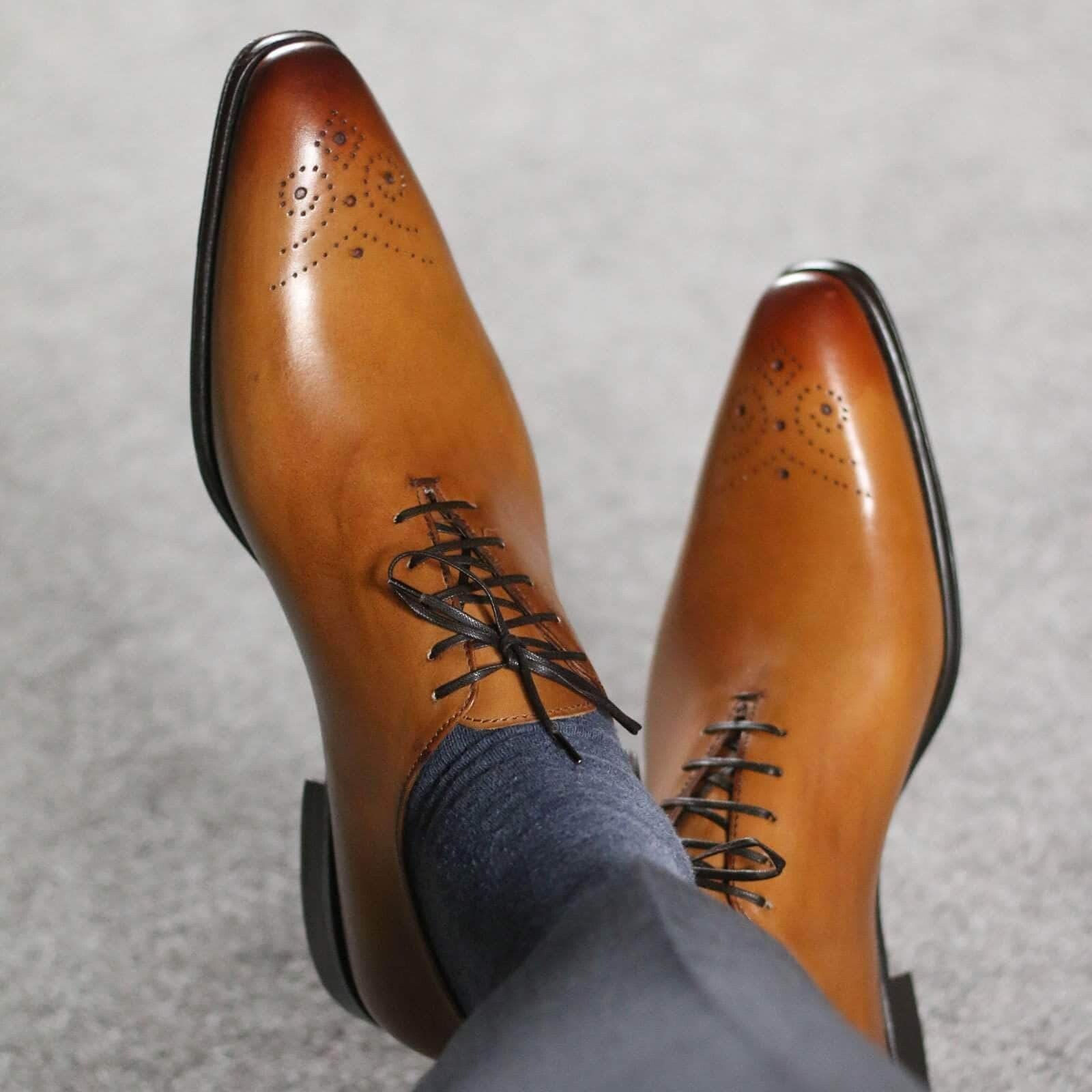 Handmade Brogue Leather Tan Shoes Men Oxford Dress Men's Lace Brown ...
