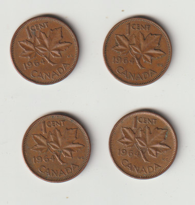 1964 Canadian 1-Cent Maple Leaf Penny - Circulated Copper Coin Lot of 4 ...