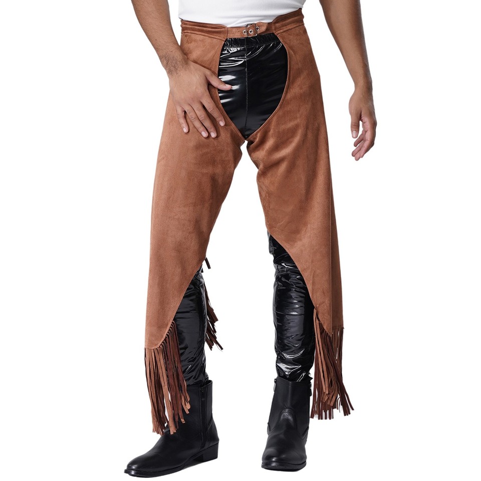 AU Mens Flannel Pants Biking Fringe Cow Print Faux Suede Cowboy Chaps ...