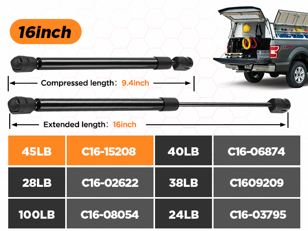 C16-15208 16in/45Lbs (200N) Gas Shocks Struts for Leer are Camper Shell ...