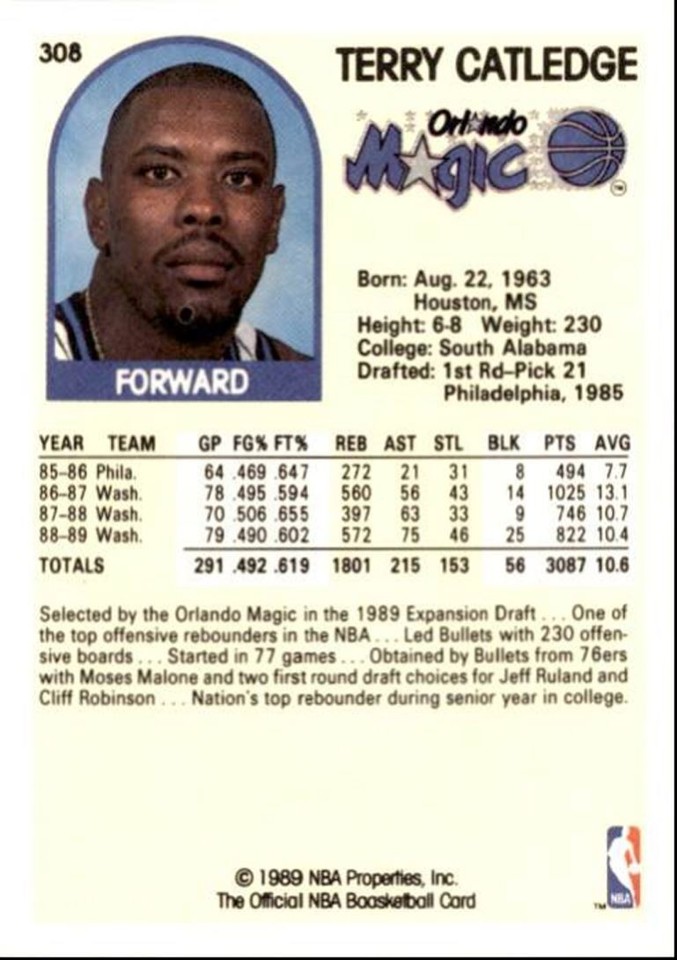 1989-90 Hoops Basketball Card Terry Catledge Orlando Magic #308 | eBay