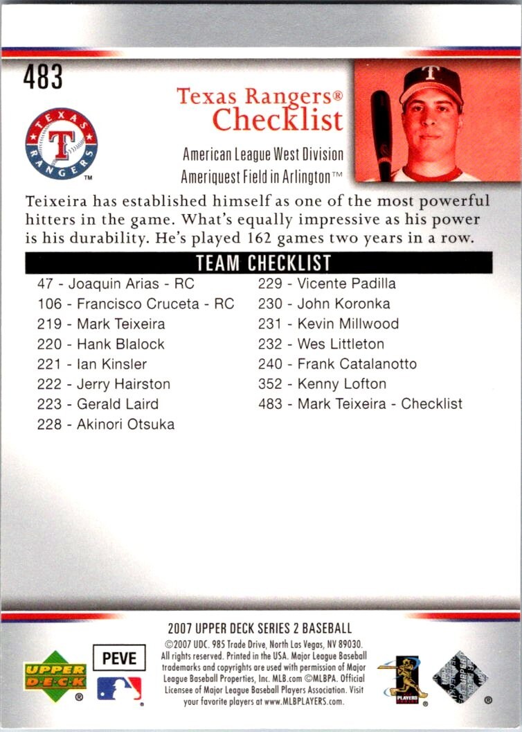 2007 Upper Deck Texas Rangers Checklist Mark Teixeira #483 Baseball ...