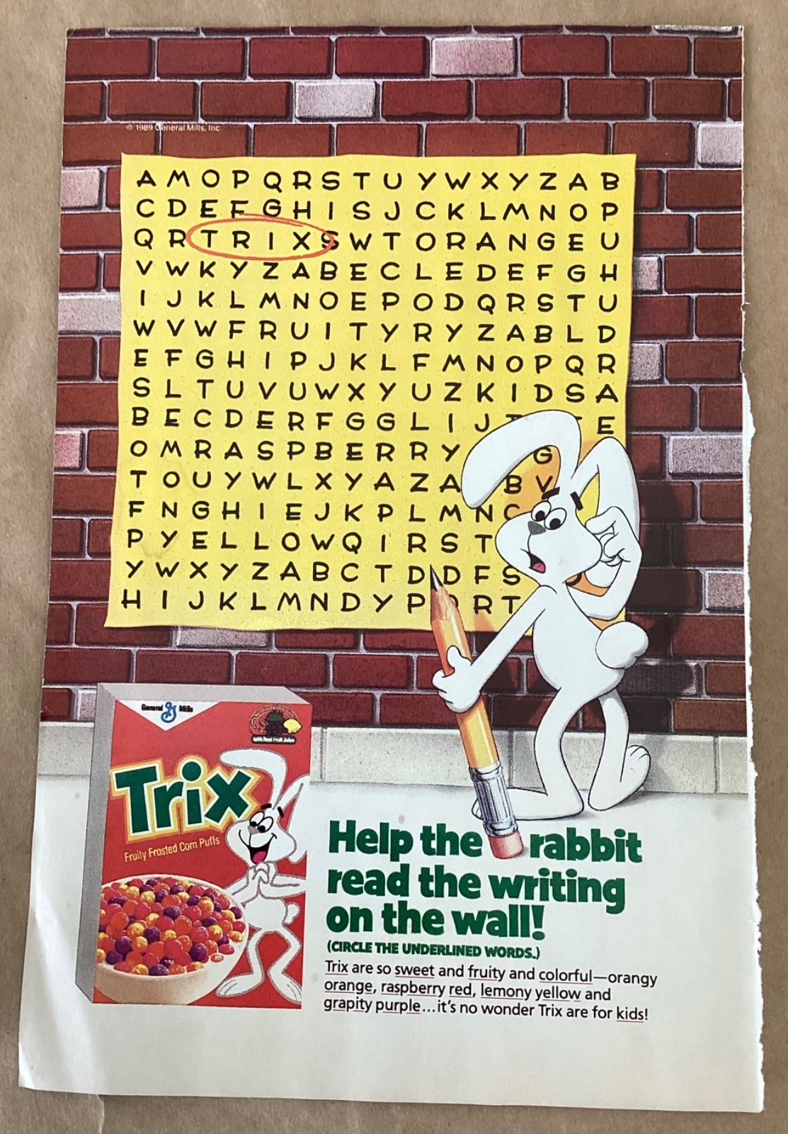 Trix 1992 Print Ad 1990s film advert retro cereal vtg illus word puzzle ...