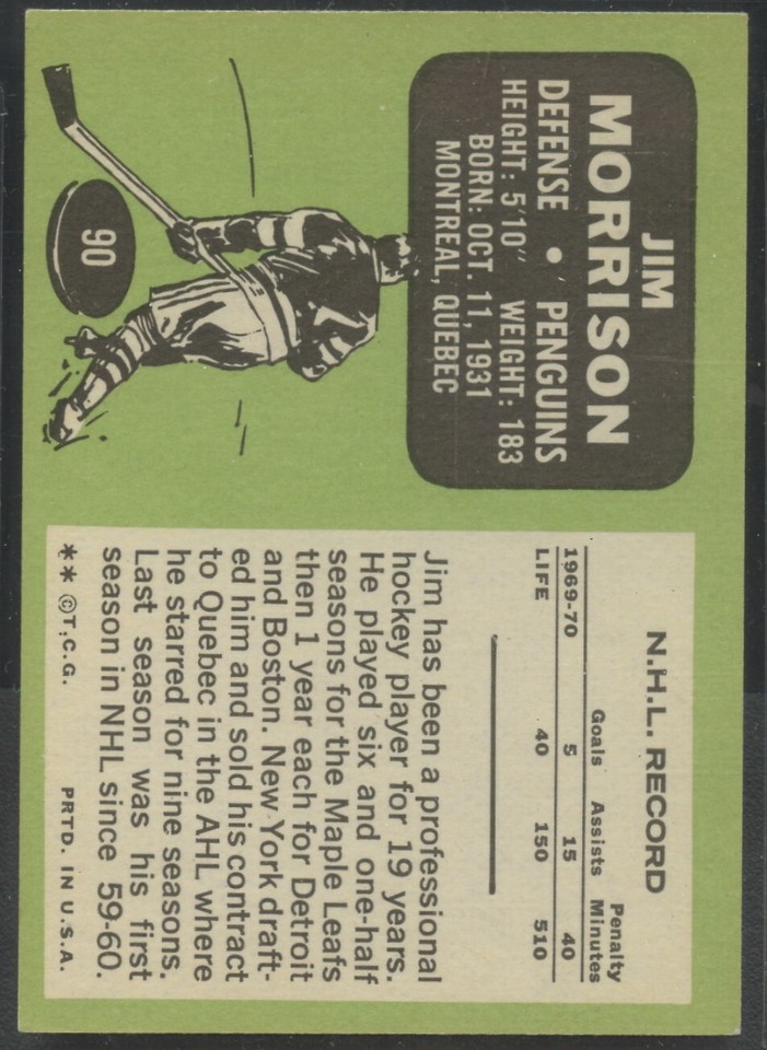 1970-71 Topps #90 Jim Morrison Pittsburgh Penguins | eBay