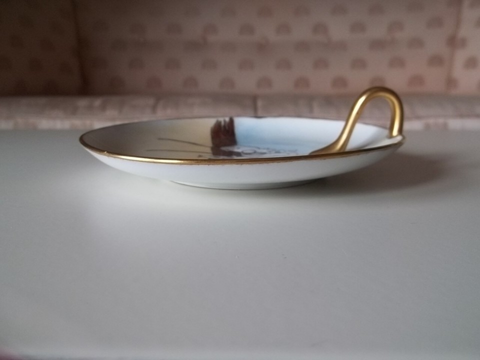 Vtg Austria?BLUE/YELLOW/BROWN/WHITE MICE Candy/Nut DISH Gold Handle 5. ...