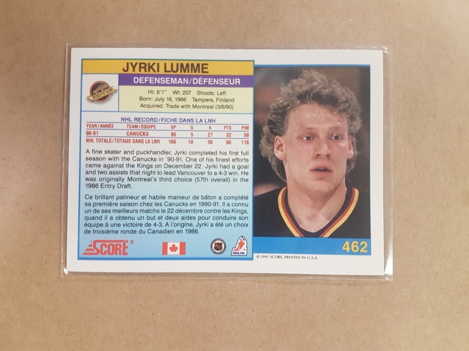 Jyrki Lumme Autograph Card Signed Hockey Score 1991 canucks | eBay